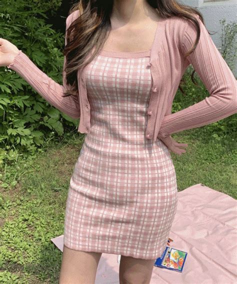 패션 바이 카카오 골지 크롭 가디건 나시 체크 미니 원피스 투피스 Set
