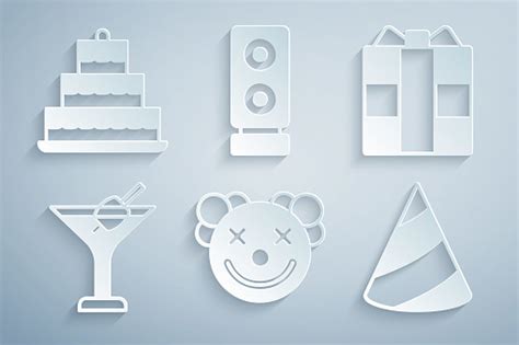 광대 머리 선물 상자 마티니 유리 파티 모자 스테레오 스피커와 불타는 촛불 아이콘케이크 세트 벡터 크리스마스에 대한 스톡 벡터 아트 및 기타 이미지 Istock