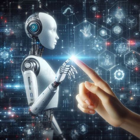 hands of robot and human touching on big data network connection