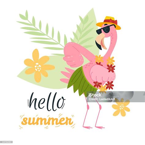 플라밍고 프린트 춤추는 분홍색 플라밍고와 열대 나무 잎 이국적인 새와 함께 밝은 긍정적 인 포스터 옷 스티커 디자인 고급 벡터 배경 여름에 대한 스톡 벡터 아트 및 기타