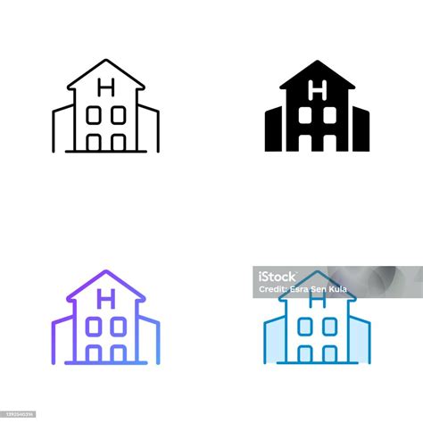 편집 가능한 스트로크와 네 가지 스타일의 병원 아이콘 디자인 선 솔리드 플랫 라인 및 색상 그라데이션 라인 웹 페이지 모바일 앱 Ui Ux 및 Gui 디자인에 적합합니다