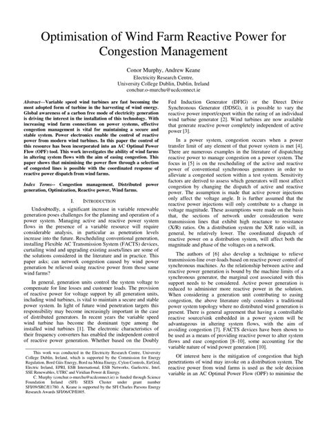Pdf Optimisation Of Wind Farm Reactive Power For Congestion Management