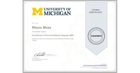 Completion Certificate For Introduction To Structured Query Language Sql Nkanu Muze