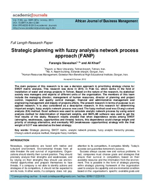 Pdf Strategic Planning With Fuzzy Analysis Network Process Approach Fanp