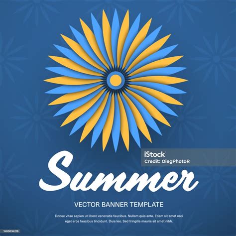 중앙에 노란색 파란색 꽃이있는 벡터 배너 템플릿 비문 여름 개념에 대한 스톡 벡터 아트 및 기타 이미지 개념 개화기 꽃 꽃의 구조 Istock