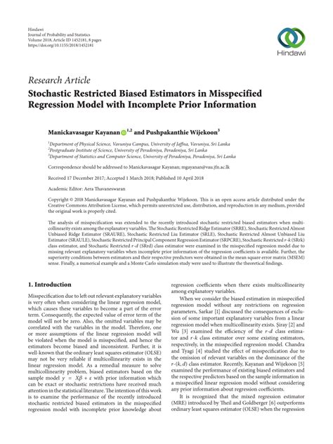 Pdf Stochastic Restricted Biased Estimators In Misspecified Regression Model With Incomplete