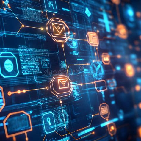 Abstract Digital Network Glowing Blue And Orange Nodes And Lines Stock Illustration