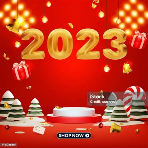 연단 배경으로 크리스마스와 새해 복 많이 받으세요 2023 3d 현실적인 금박 풍선 연단 종 선물과 크리스마스 트리 3차원 형태에 대한 스톡 벡터 아트 및 기타 이미지