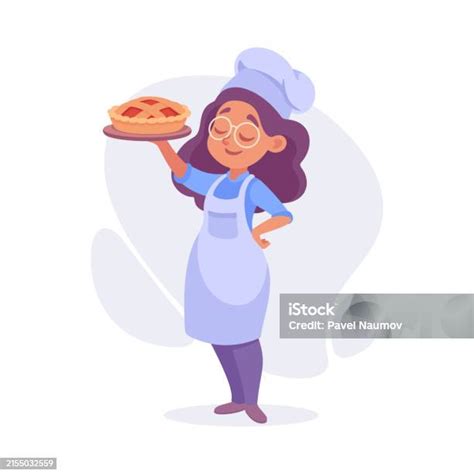 여자 요리사 또는 요리사 특성 에서 제복 보유 파이 통하고 있는 접시 벡터 일러스트 요리하기 음식 준비에 대한 스톡 벡터 아트
