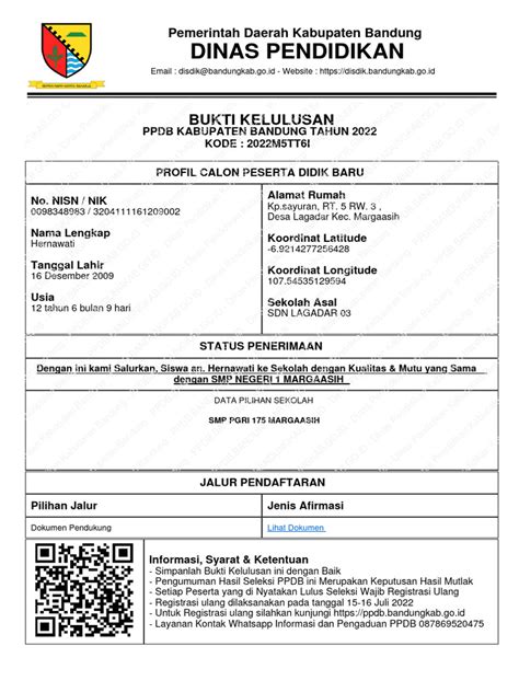 Bukti Kelulusan Ppdb Tahun 2022 An Hernawati 0098348983 Pdf