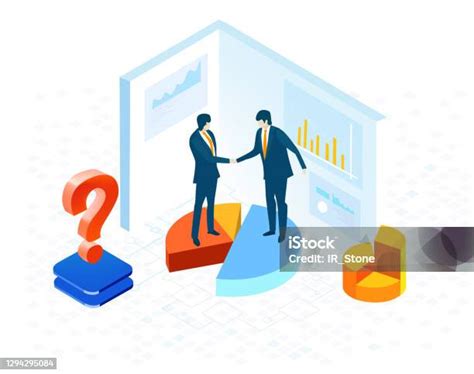 성장 차트에 서있는 비즈니스 인력과 Isometric 3d 비즈니스 환경과 성공의 상징으로 악수 비즈니스 컨셉 일러스트레이션 함께 작업 3차원 형태에 대한 스톡 벡터 아트