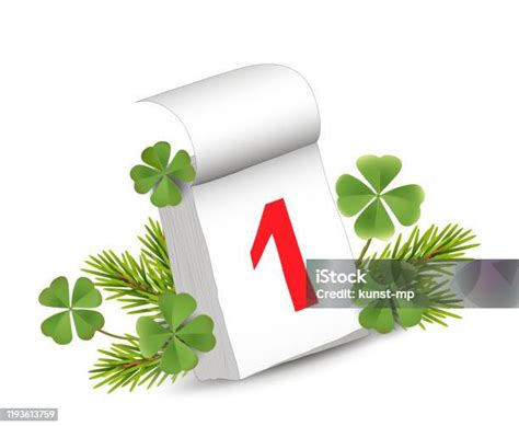 전나무 가지와 토끼풀 새해와 행운의 부적 카드 흰색 배경에 고립 된 벡터 일러스트레이션과 달력 1 월 1 일 달력에 대한 스톡 벡터 아트 및 기타 이미지 Istock