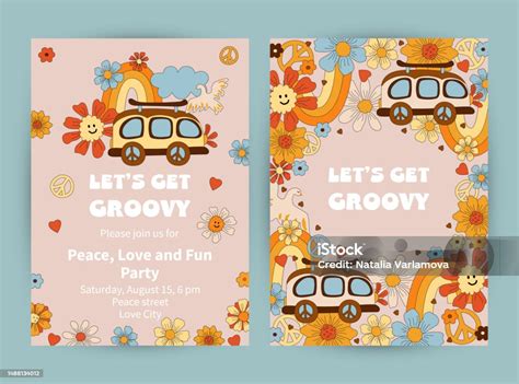 데이지 꽃 복고풍 자동차 무지개가 있는 템플릿은 그루비 파티 생일 초대장 전단지 복고풍 포스터를 위한 것입니다 텍스트를 위한