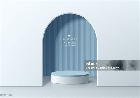 3d 배경 파란색 아치 게이트에 있는 사실적인 흰색과 파란색 실린더 받침대 연단 파스텔 벽의 미니멀한 장면 모형 제품 디스플레이 추상적인 기하학적 플랫폼 무대 쇼케이스 벡터