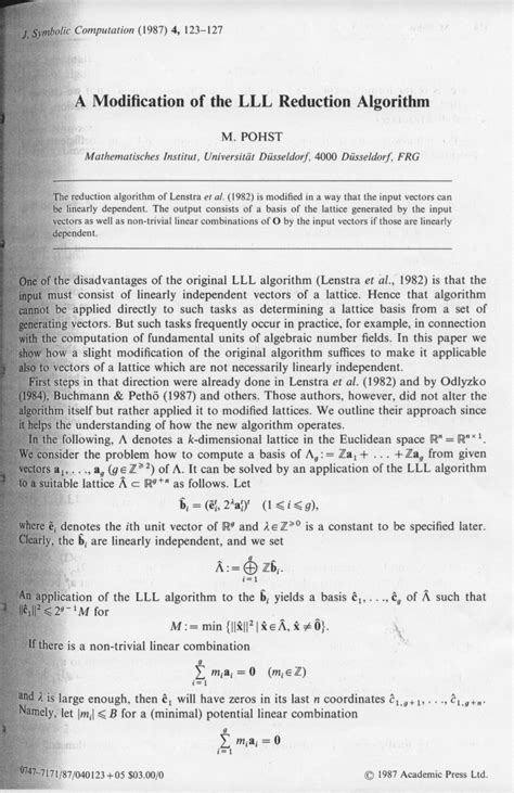 Pdf A Modification Of The Lll Reduction Algorithm