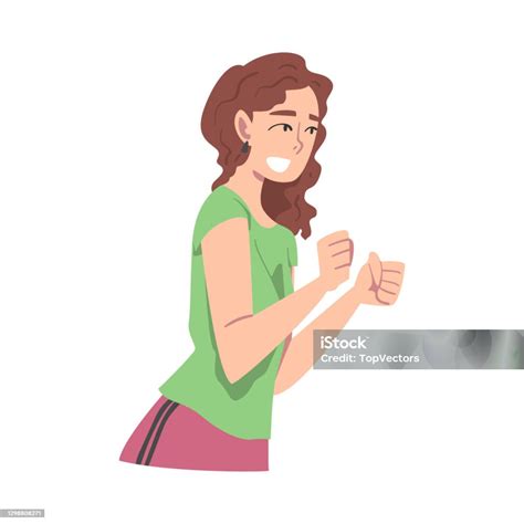 기쁨과 흥분 벡터 일러스트와 함께 미소 주먹을 클렌칭 행복한 여성 캐릭터 개념에 대한 스톡 벡터 아트 및 기타 이미지 개념 긍정적인 감정 표현 독일 Istock