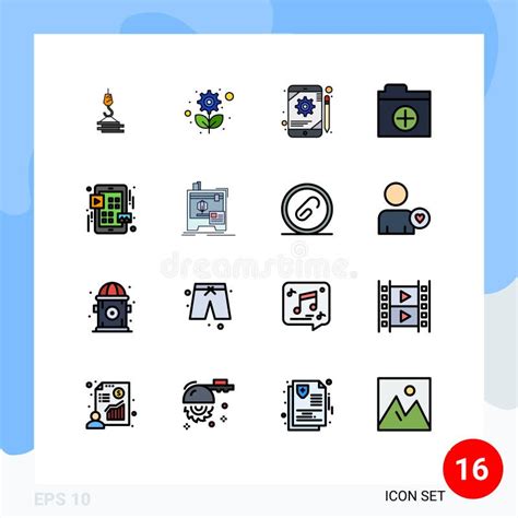 Modern Set Of 16 Flat Color Filled Lines Pictograph Of Menu New Gear Folder Tablet Stock