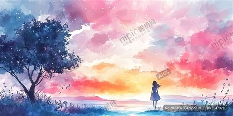 Ai创作图少女 黄昏 天空 云彩 树 草地 花朵 梦幻 自然 景色 浪漫 水彩 插画 远方 宁静 昵图网