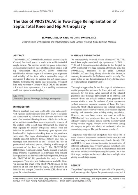 Pdf The Use Of Prostalac In Two Stage Reimplantation Of Septic Total Knee And Hip Arthroplasty