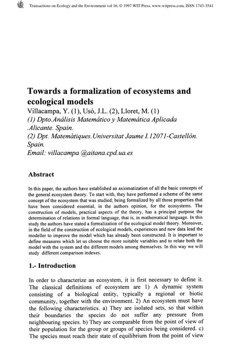 Pdf Towards A Formalization Of Ecosystems And Ecological Models