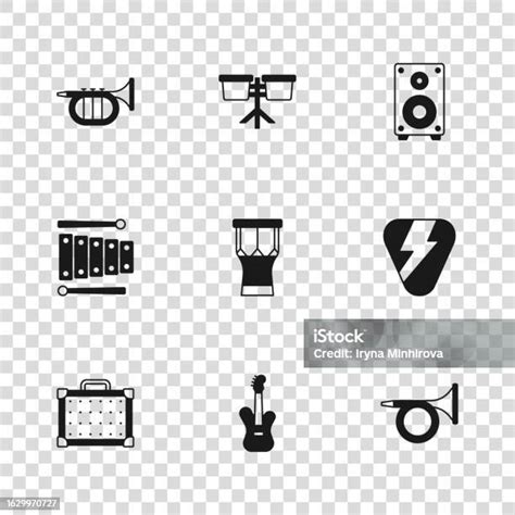일렉트릭베이스 기타 기타 픽 트럼펫 아프리카 타악기 드럼 스테레오 스피커 봉고 및 실로폰 아이콘을 설정합니다 벡터 Classical Concert에 대한 스톡 벡터 아트 및