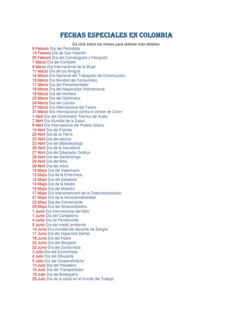 Fechas Especiales En Colombia Pdf Bienestar Medicina