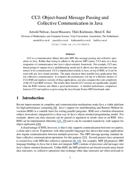 Pdf Ccj Object Based Message Passing And Collective Communication In Java