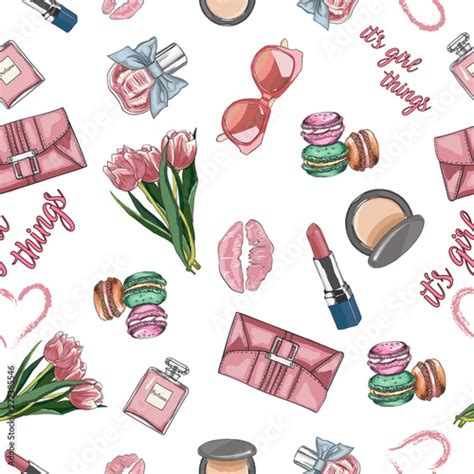 Seamless Pattern Of Female Accessories Cute Set Of Girly Things Fashion Pattern Hand Drawn
