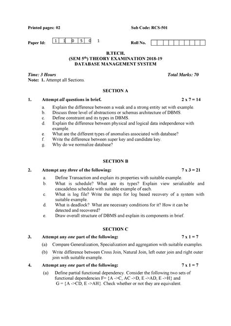 Btech Cs 5 Sem Database Management System Rcs501 2019 Printed Pages