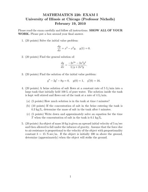 Solution For Exam 1 Introduction To Differential Equations Math 220 Docsity