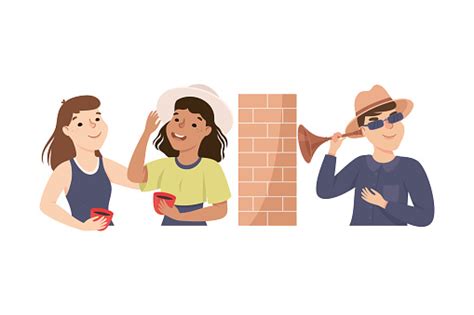 음향 튜브가 있는 모자를 쓴 남자 사립 탐정과 함께 벽돌 벽 벡터 일러스트레이션을 통해 여자 대화를 듣고 있는 간첩 Criminal Investigation에 대한 스톡