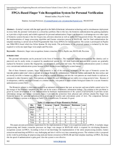 Pdf Fpga Based Finger Vein Recognition System For Personal Verification