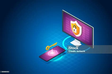 휴대 전화를 통해 잠금 해제를 통해 컴퓨터에 데이터 보호의 두 계층 0명에 대한 스톡 벡터 아트 및 기타 이미지 0명 3차원 형태 가상현실 Istock