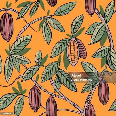 코코아 식물 원활한 패턴 카카오 빈 벡터 일러스트레이션n 복고풍에 대한 스톡 벡터 아트 및 기타 이미지 복고풍 초콜릿