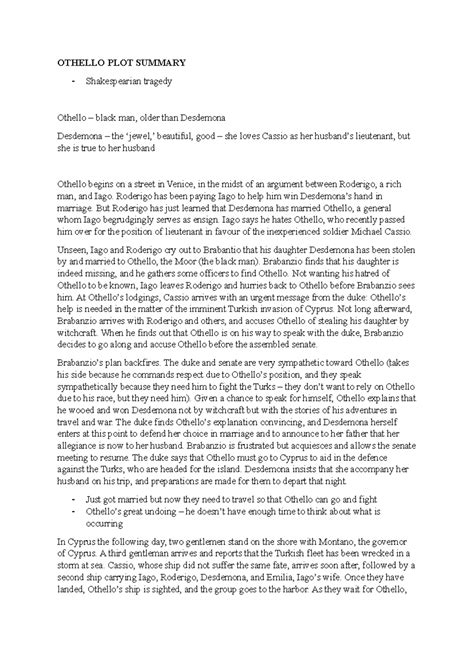 Othello Plot Summary Othello Plot Summary Shakespearian Tragedy