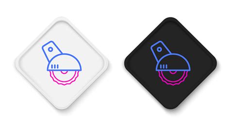 흰색 배경에 고립 된 강철 이빨 디스크 아이콘라인 전기 원형 톱 나무 또는 금속을 절단하기위한 전기 손 도구 다채로운 개요 개념 벡터 Rotary International에