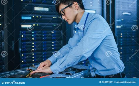 In The Modern Data Center It Technician Working With Server Racks On A Pushcart Installing New
