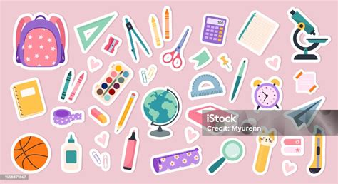 학습용 학용품 세트입니다 문구류의 벡터 스티커입니다 학용품에 대한 스톡 벡터 아트 및 기타 이미지 학용품 스티커 교육 Istock