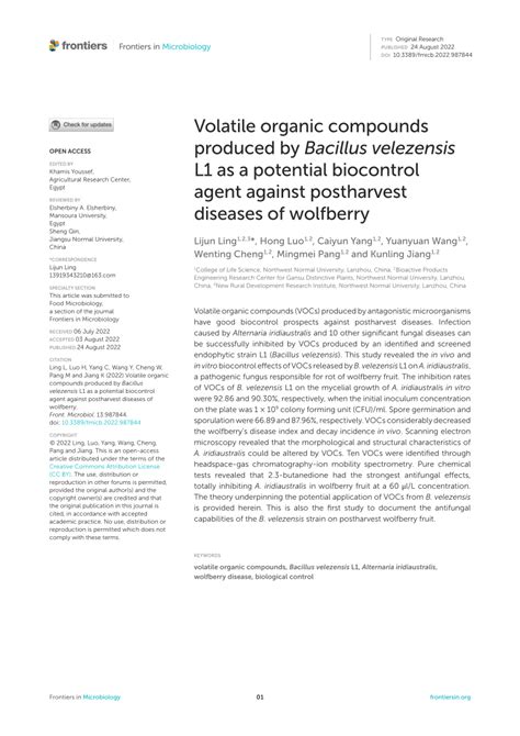 Pdf Volatile Organic Compounds Produced By Bacillus Velezensis L1 As