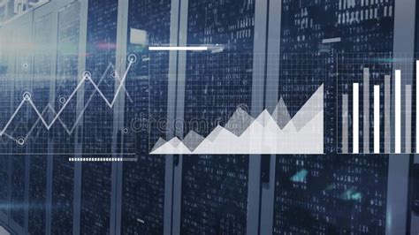 Server Rack Aisle Displaying Cascading Binary Code With Animated Area And Bar Charts In 3d