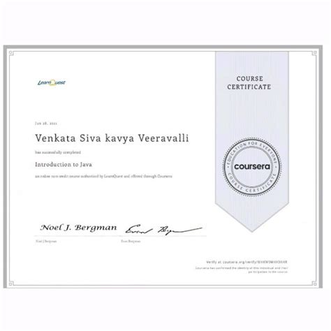 Coursera Certificate On Introduction To Java Venkata Siva Kavya Veeravalli