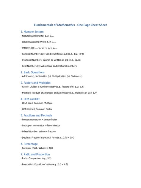 Fundamentals Of Mathematics Cheat Sheet Pdf