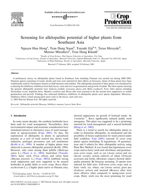 Pdf Screening For Allelopathic Potential Of Higher Plants From
