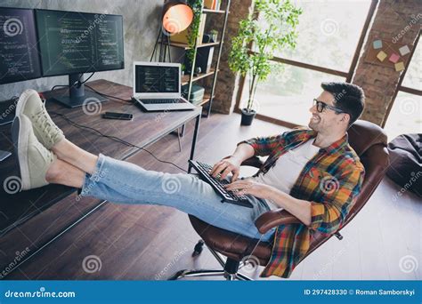 Full Size Profile Portrait Of Intelligent Hardware Expert Sit Chair Legs Desktop Keyboard Write