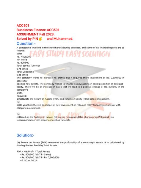 Acc501 Assignment Solution By Pin And Muhammad Pdf Return On Equity Investing