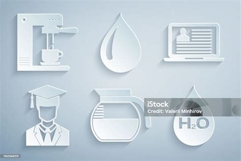 커피 포트 이력서가 있는 노트북 졸업 모자 물방울 H2o 기계 및 컵 아이콘을 설정합니다 벡터 3차원 형태에 대한 스톡 벡터