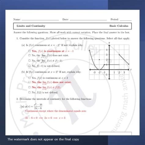 Limits And Continuity Basic Calculus Worksheet By Math Professor Pulley