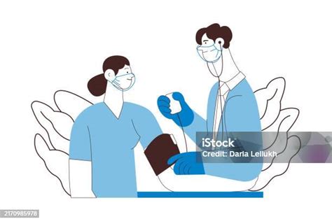 의료 사무실 또는 실험실에서 혈압 측정 기계를 사용하는 남성 의사와 여성 환자 혈압 절차 흑인과 백인 현대 평면 벡터 개념 그림 건강 진단에 대한 스톡 벡터 아트 및 기타