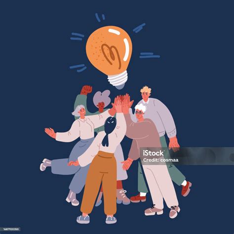 팀 브레인스토밍의 만화 벡터 삽화 성공 관리자 팀 창의적인 사람들은 새로운 아이디어를 가지고 있습니다 사무실 직원 관리자 또는 젊은 비즈니스 스타트 업 프렌즈 하이파이브