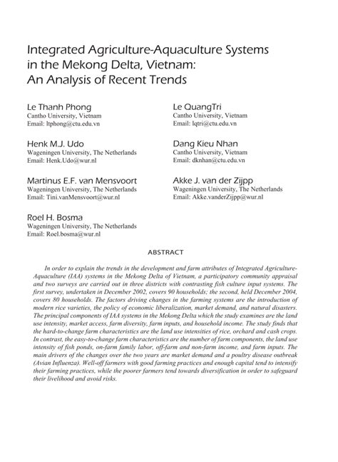 Pdf Integrated Agriculture Aquaculture Systems In The Mekong Delta Vietnam An Analysis Of